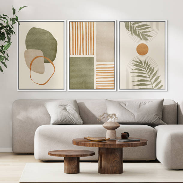 IDEA4WALL Mid Century Modern Boho Brown Abstract Sun Tropical Plant - Framed 3 Piece Set Canvas ...